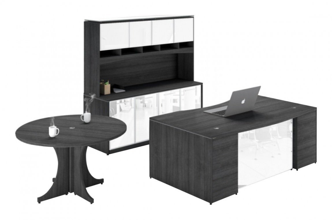Bow Executive Desk Set with Storage Cabinet and Round Table - Oc Office ...