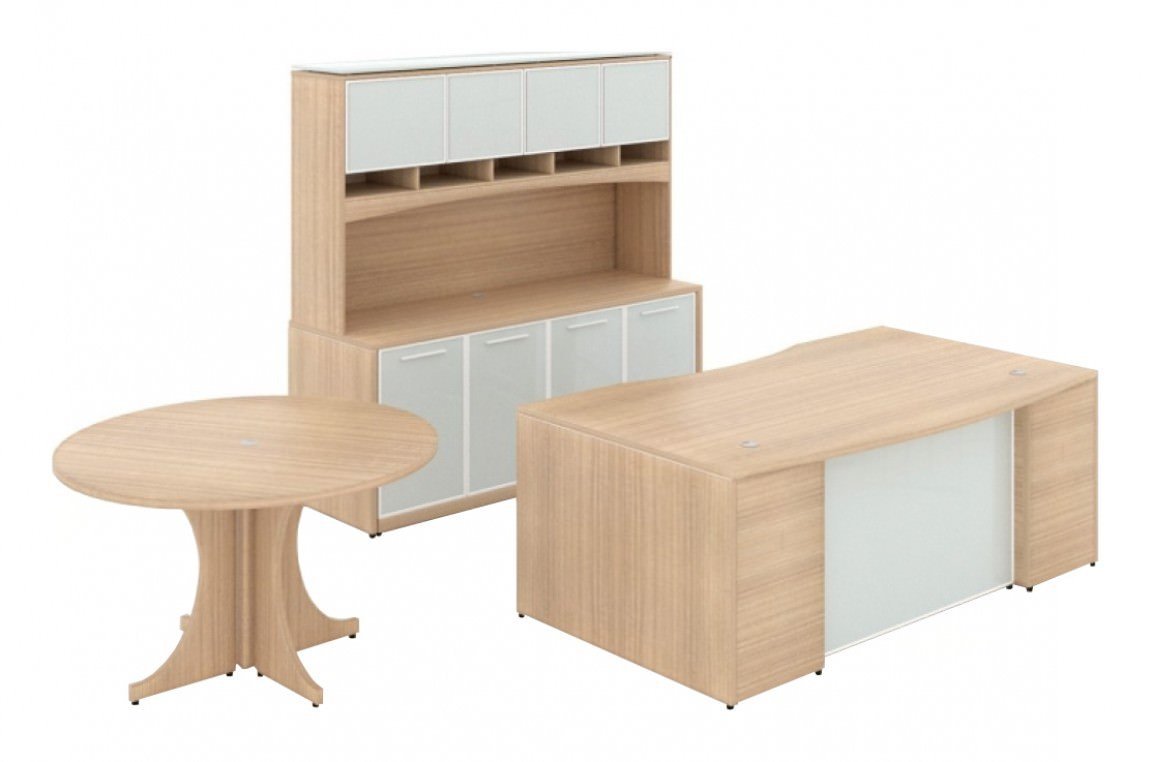 Bow Executive Desk Set with Storage Cabinet and Round Table - OC Office ...